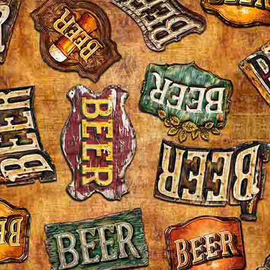 QT Fabrics Brewmaster Beer Signs Toss Nutmeg 30920-A | SOLD BY THE HALF ...