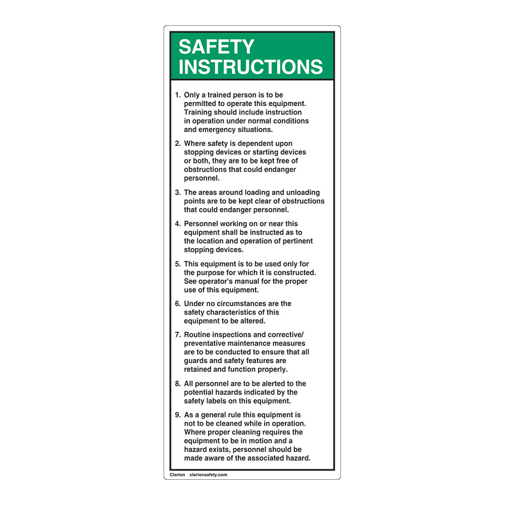 Safety Instruction Labels | Clarion Safety Syste