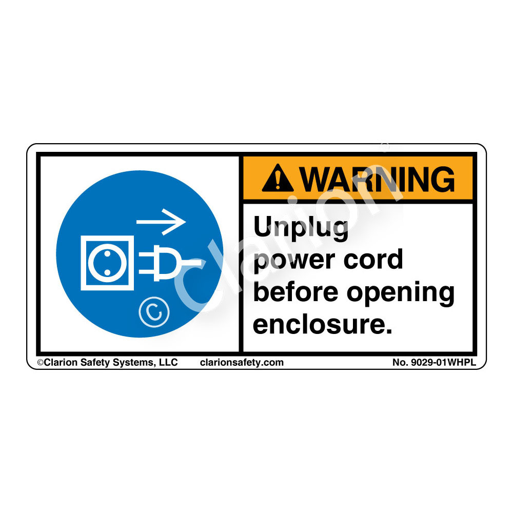 Warning/Unplug Power Cord (9029-01WHPL) label