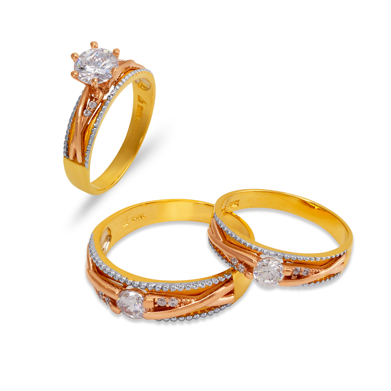 473-694TS Tricolor Wedding Trio Ring Set - Line Gold, Inc.