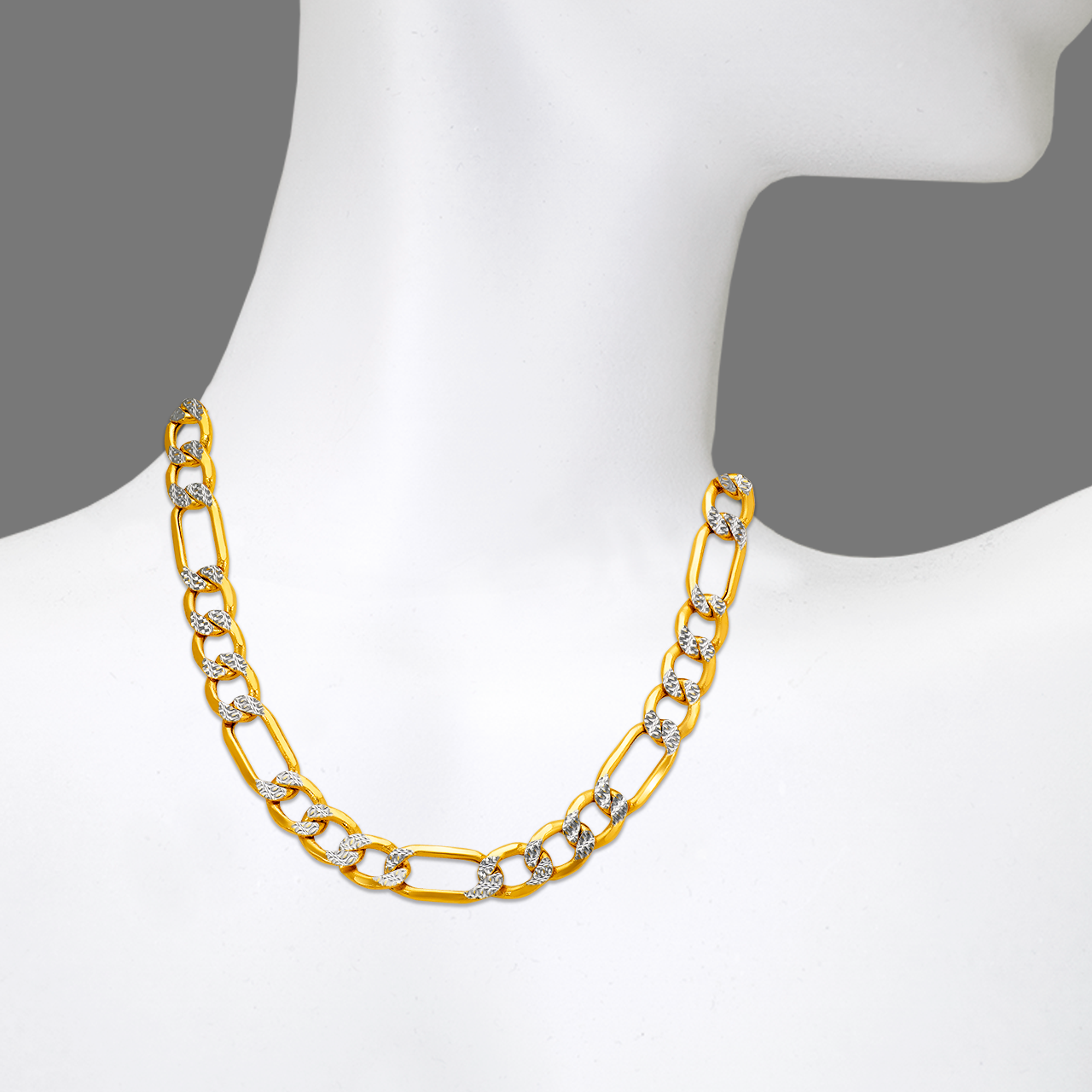 136-201ZS Hollow Figaro White Pave Chain - Line Gold, Inc.