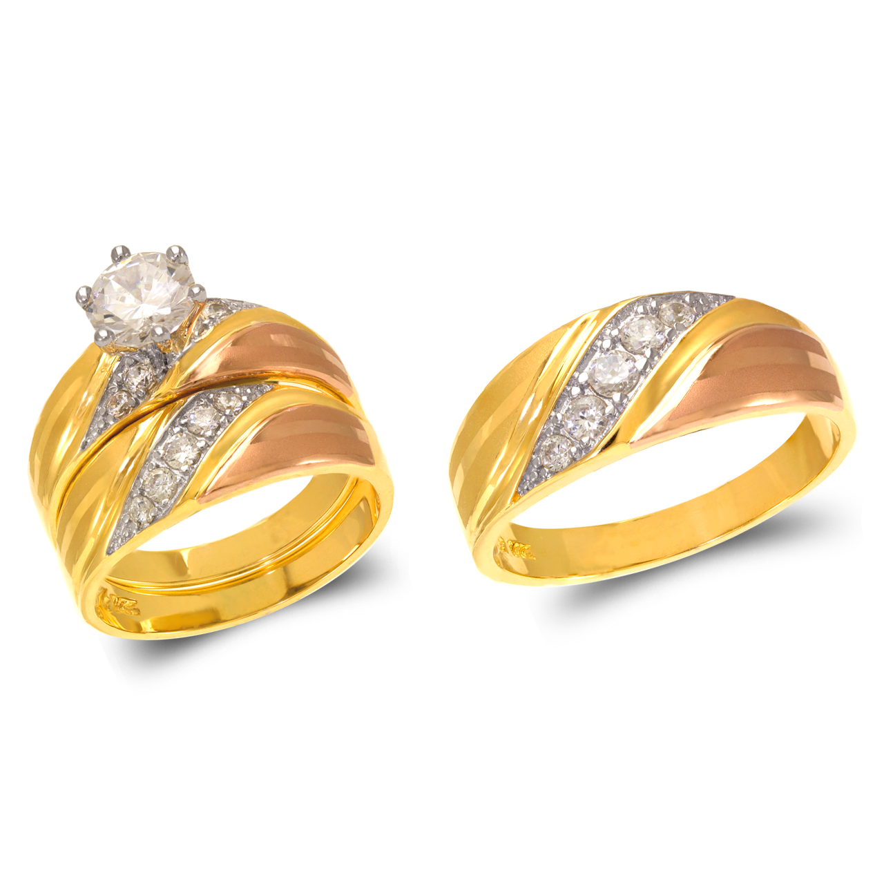 473-942TS Tricolor Wedding Trio Ring Set - Line Gold, Inc.