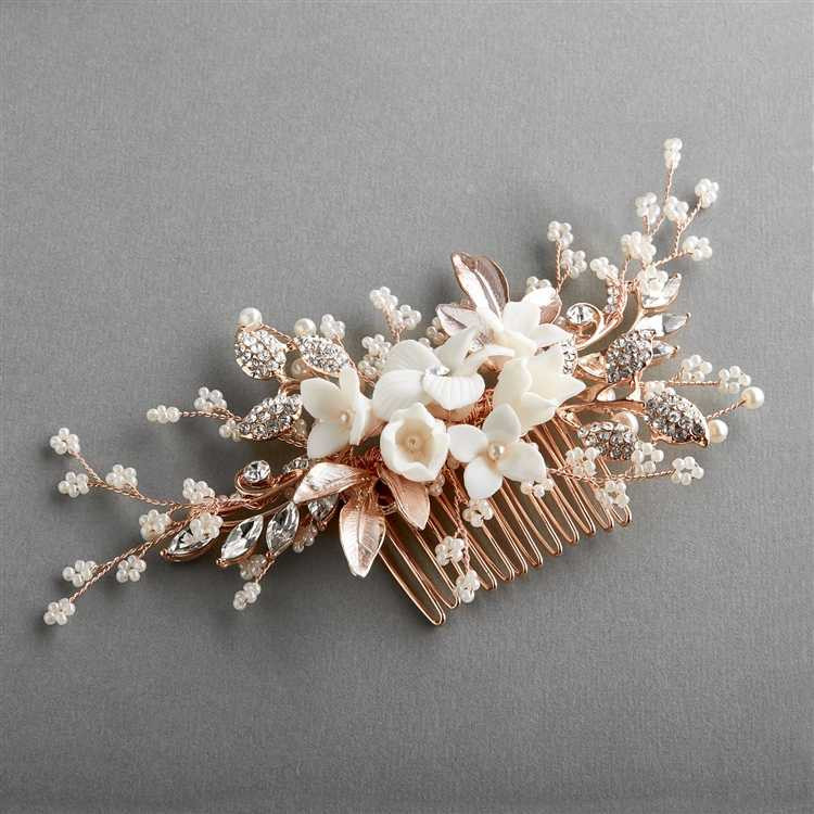 Rose Gold Floral Pearl and Crystal Wedding Comb