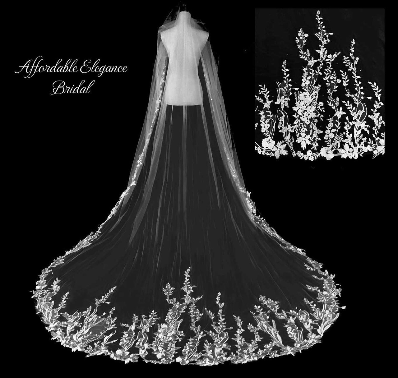 Regal Cathedral Wedding Veil 144" Long with Floral Vine Lace