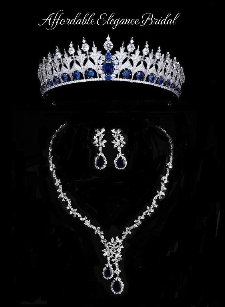 Sapphire CZ Royal Replica Wedding Tiara Crown and Jewelry