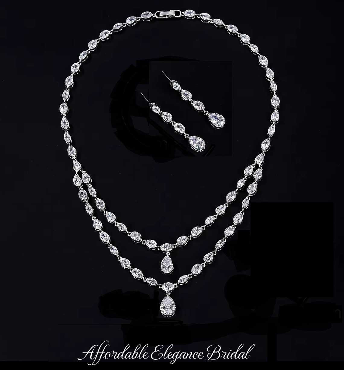 Two Layer CZ Silver Plated Wedding and Formal Jewelry Set