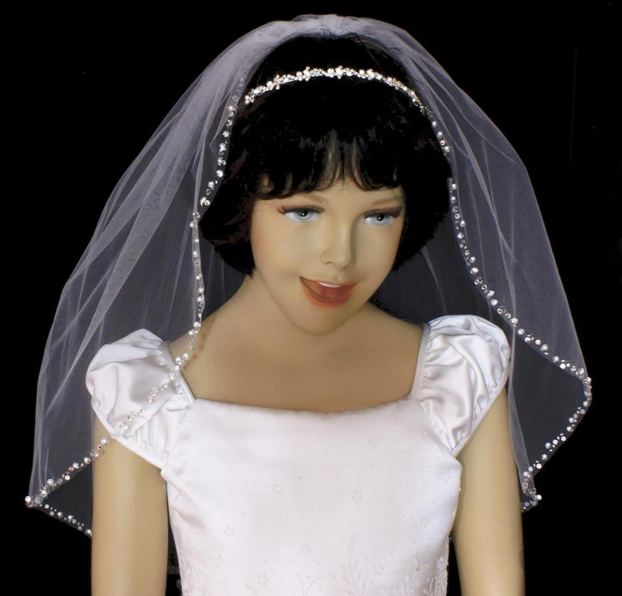 First Communion Veil with Crystal and Rhinestone Edge