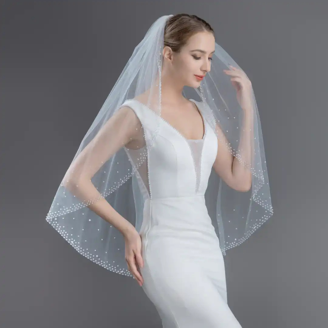 Pearl Scatter Beaded Edge Fingertip Wedding Veil V6253F