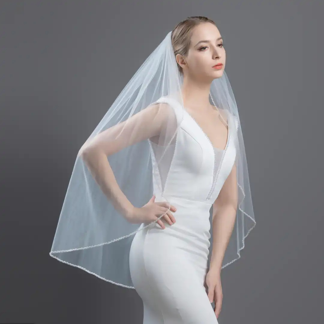 Frosted Bugle Bead and Pearl Beaded Fingertip Wedding Veil
