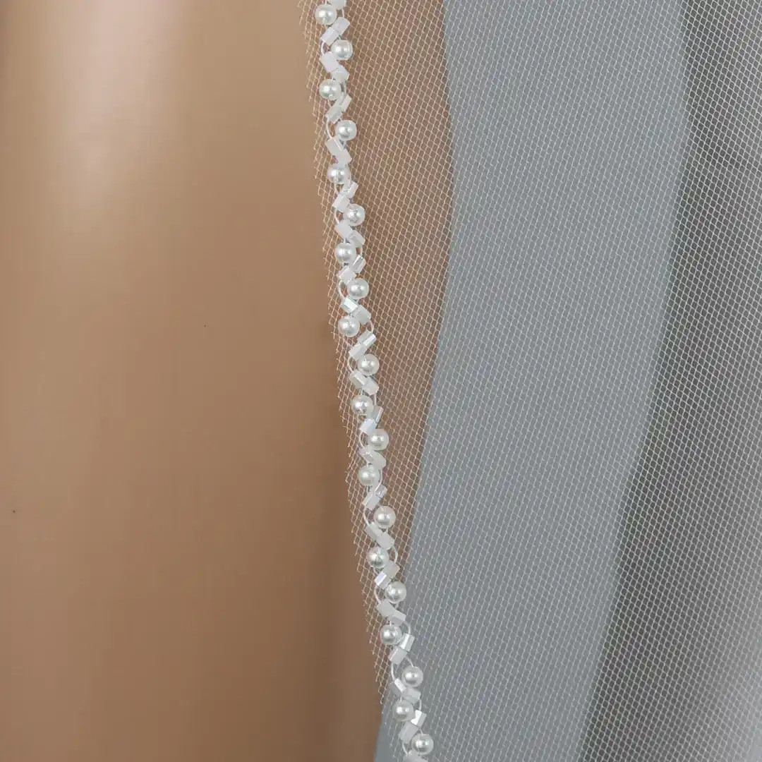 Frosted Bugle Bead and Pearl Beaded Fingertip Wedding Veil