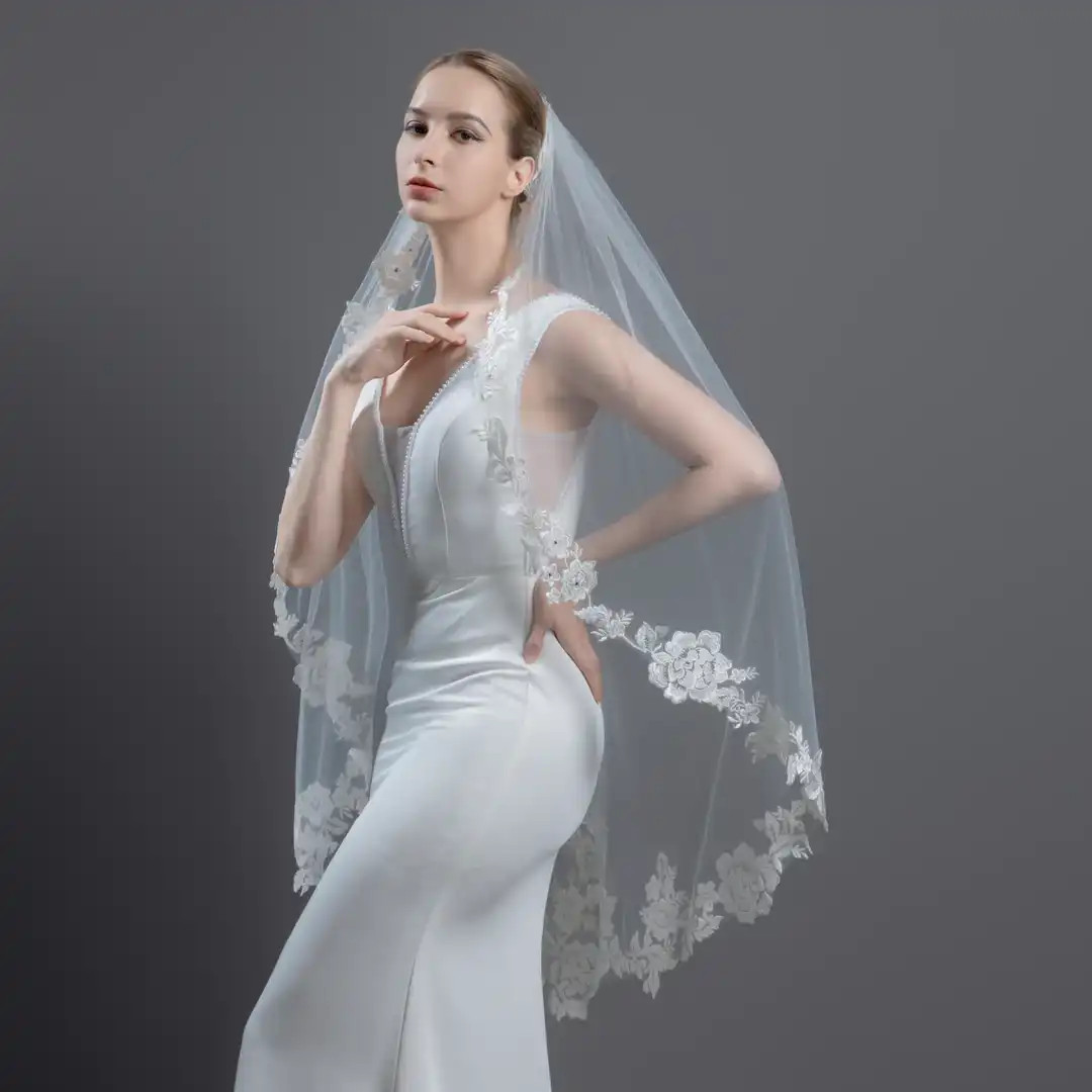 Fingertip Wedding Veil with Beaded Floral Lace V6221