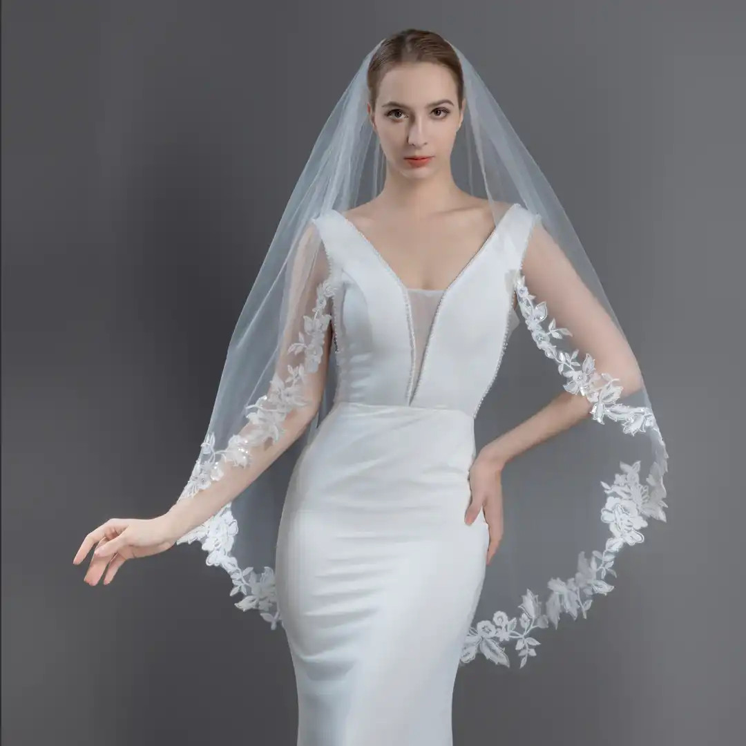 Fingertip Wedding Veil with Rhinestone & Sequin Beaded Lace