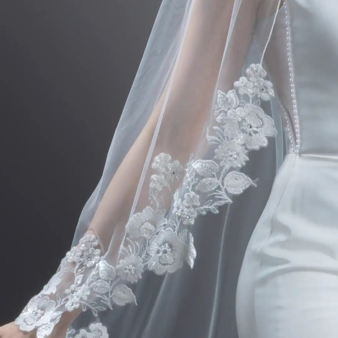 Beaded Floral Lace Fingertip Wedding Veil V6230