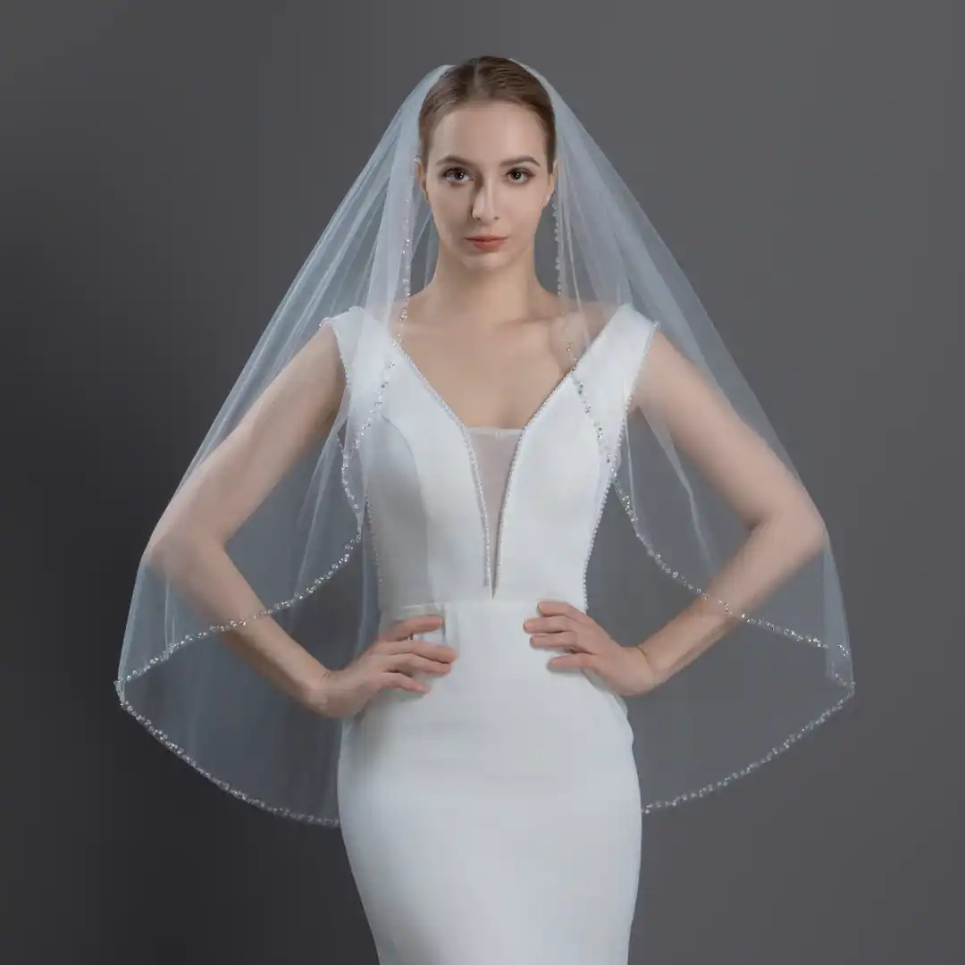 Crystal and Rhinestone Beaded Fingertip Wedding Veil V6249