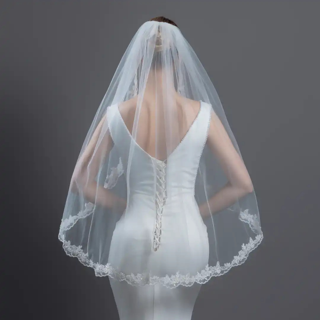 White Beaded Lace Fingertip Wedding Veil V6367