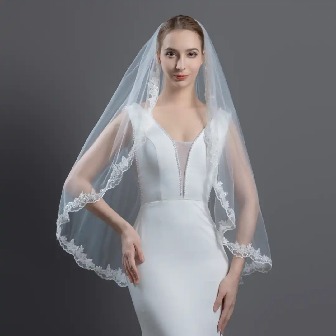 White Beaded Lace Fingertip Wedding Veil V6367