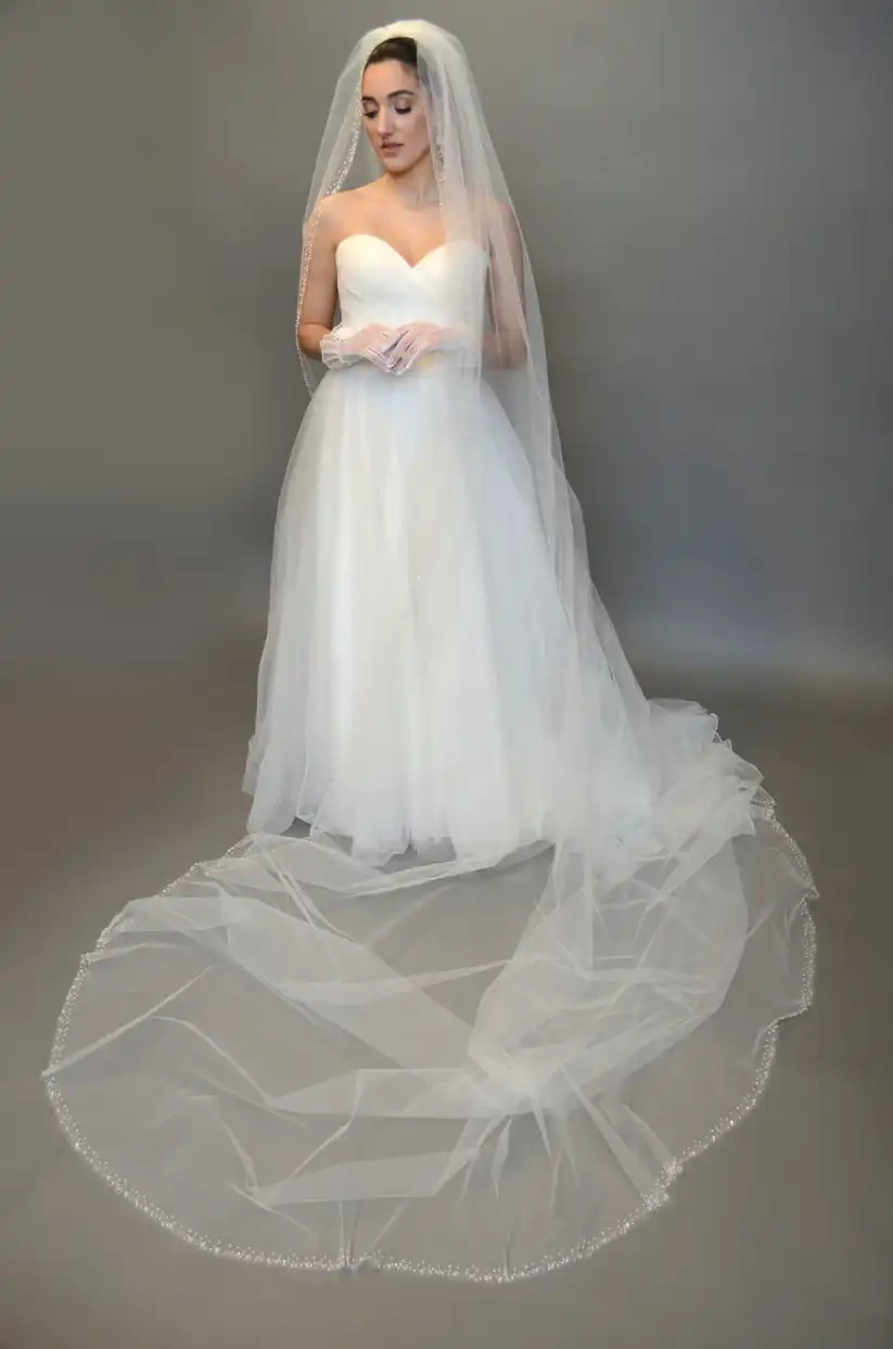 Pearl and Crystal Beaded Edge Regal Cathedral Wedding Veil