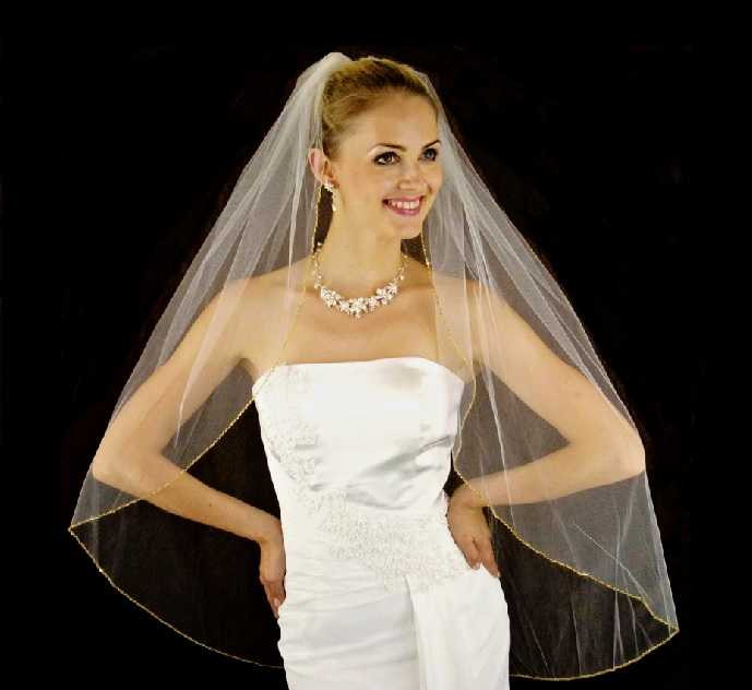 Fingertip Length Wedding Veil with Gold Bugle Beaded Edge