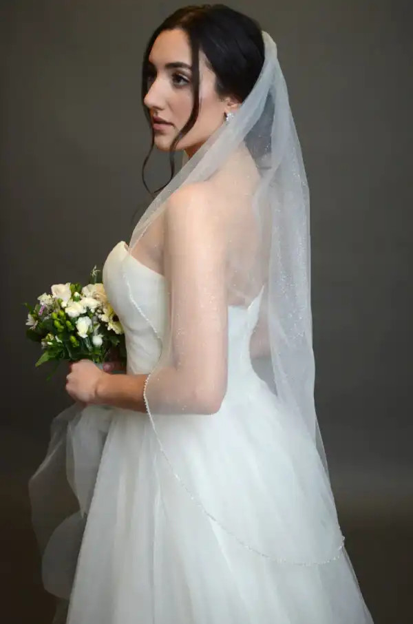 Glitter Tulle Wedding Veil with Rhinestone Trim