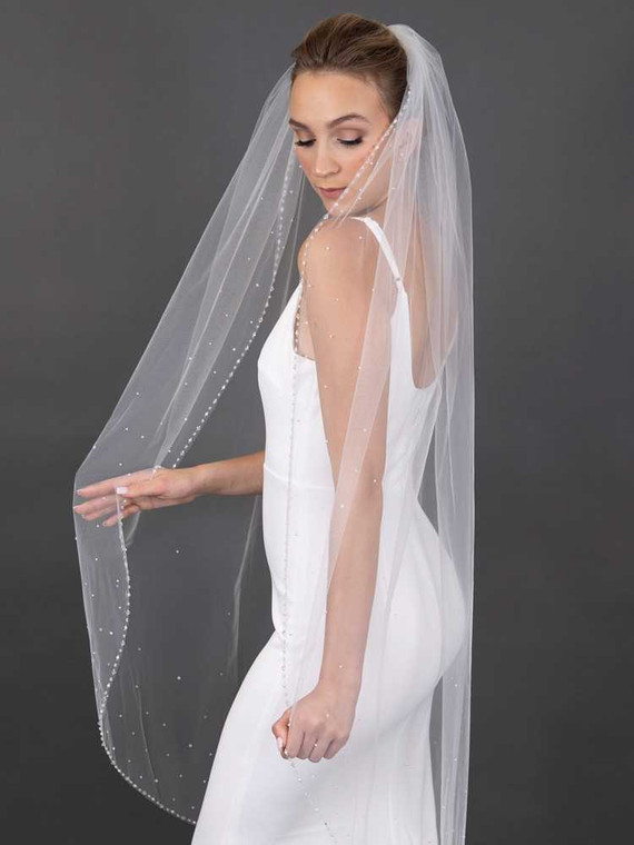 Crystal Beaded 52" Long Scattered Pearl Wedding Veil