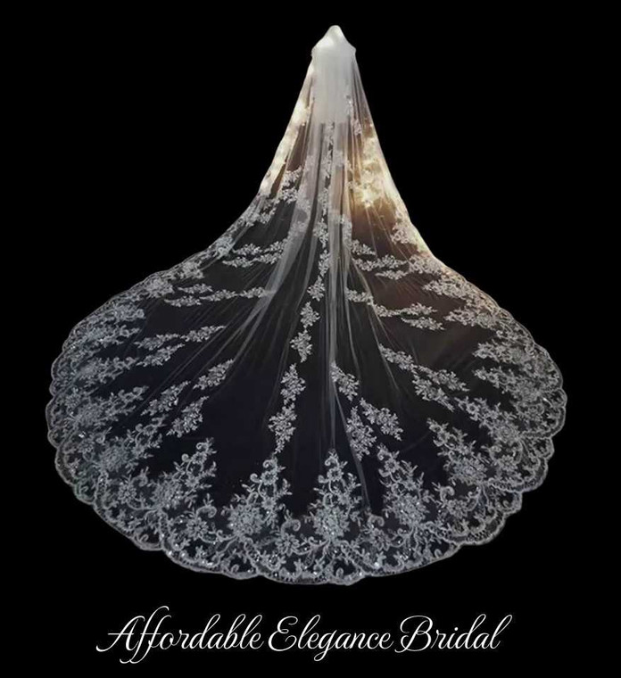 156" Regal Cathedral Wedding Veil with Sequined Floral Lace