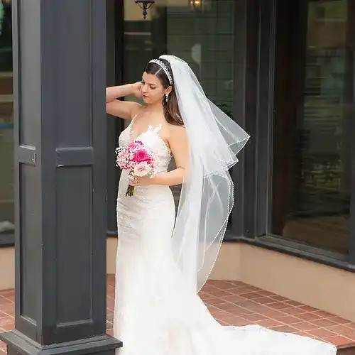 Beaded Pearl Edge Two Layer Waltz Length Wedding Veil C517