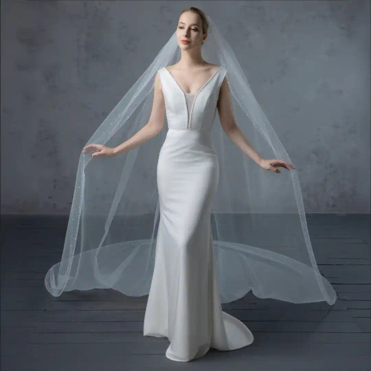 Wide Width Pearl Beaded Royal Cathedral Wedding Veil V6253RC
