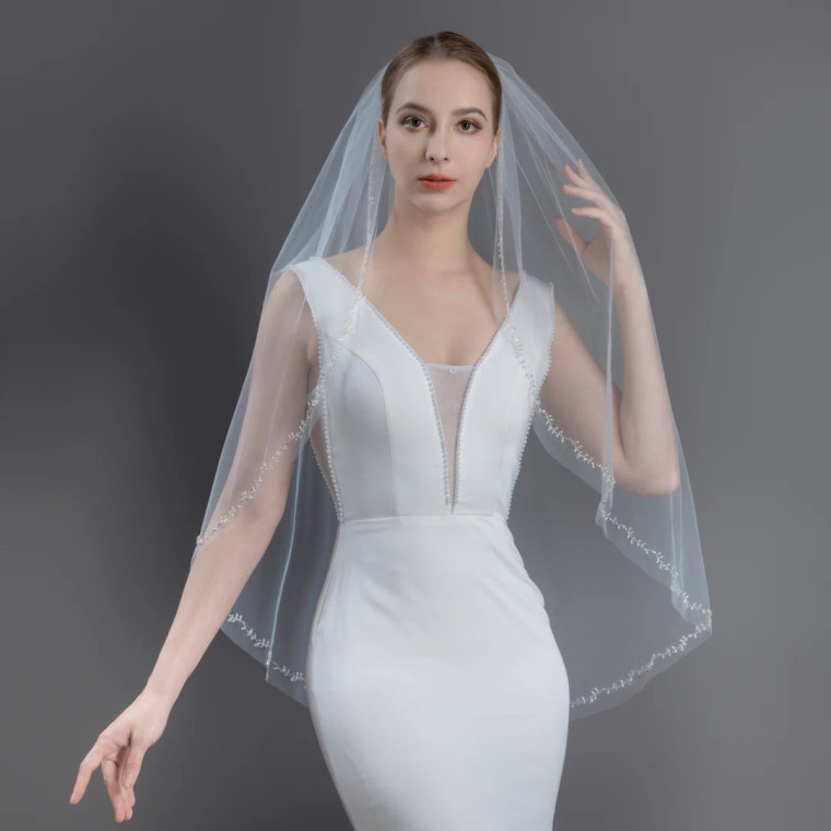 Pearl and Crystal Beaded Vine Fingertip Wedding Veil V6344