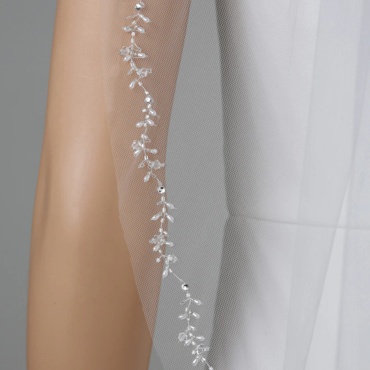Pearl and Crystal Beaded Vine Fingertip Wedding Veil V6344