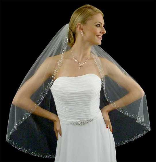 Crystal Rhinestone Beaded Edge Fingertip Wedding Veil