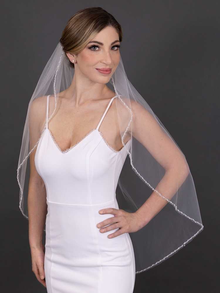 Beaded Edge Fingertip Length Wedding Veil 4682V