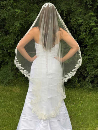 Lavishly Beaded Mantilla Leaf Design Waltz Wedding Veil