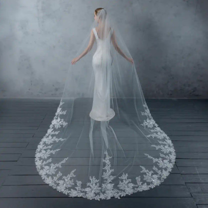 Royal Cathedral Wedding Veil with Trailing Vine Floral Lace