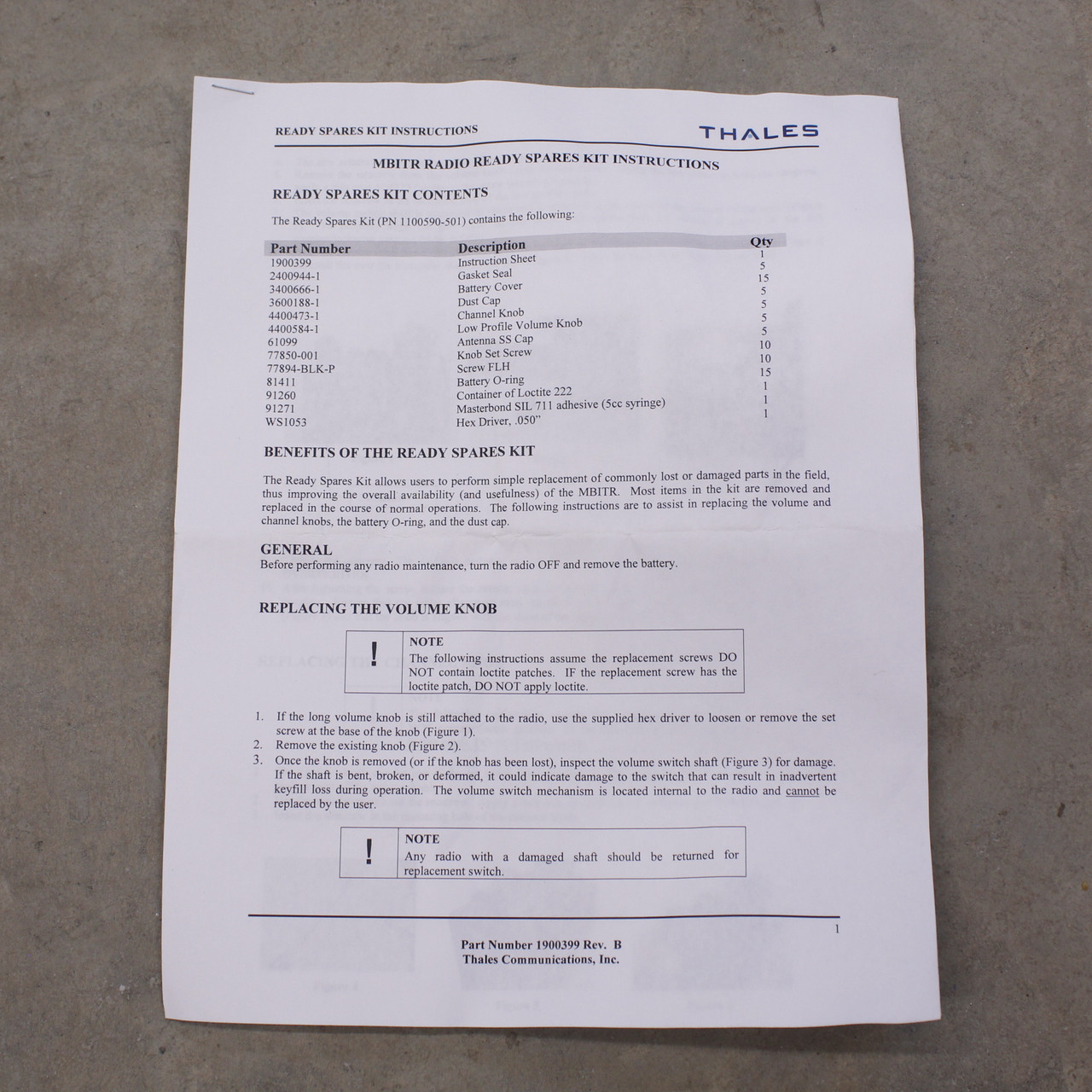 Thales MBITR Radio Ready Spares Rebuild Kit