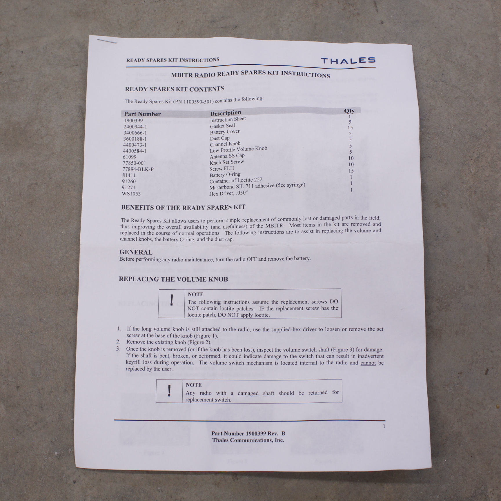 Thales MBITR Radio Ready Spares Rebuild Kit