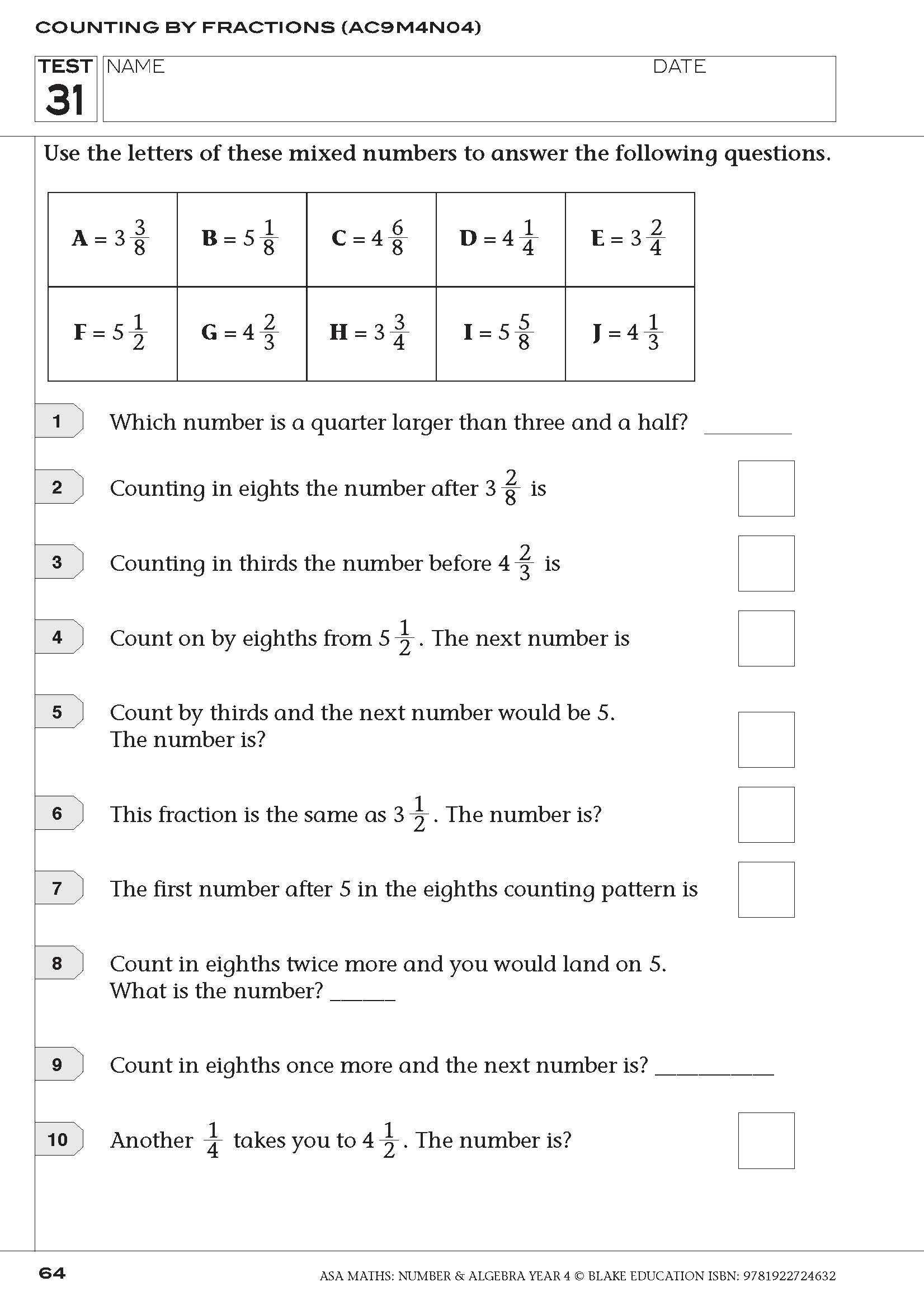 Achievement Standards Assessment: Number and Algebra Year 4