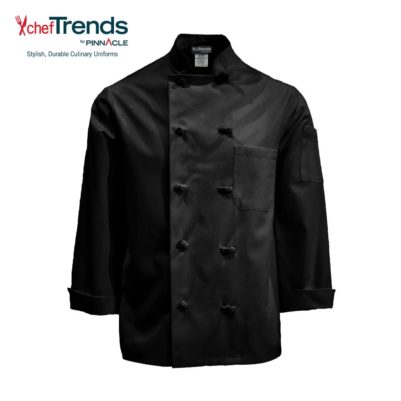 C830BK Long Chef Coat with Knot Buttons, Plus Blend, Full Sleeves