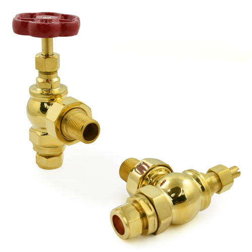 Rosa Traditional Manual Radiator Valves - Unlacquered Brass With Red ...