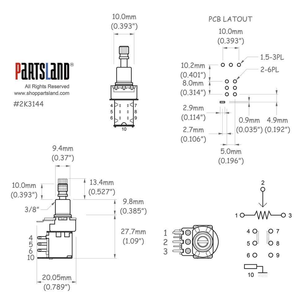 Push-Push Pot for PCB Terminal / Metric Shaft