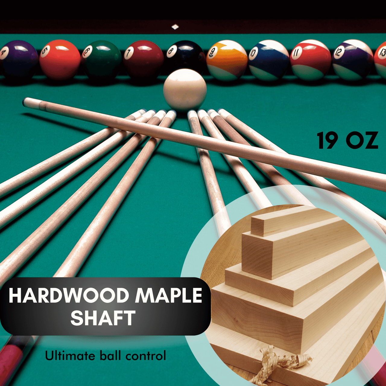 Deluxe Pool cue 58” Canadian Hard Rock Maple 2-Piece Cues with Rubber Grips