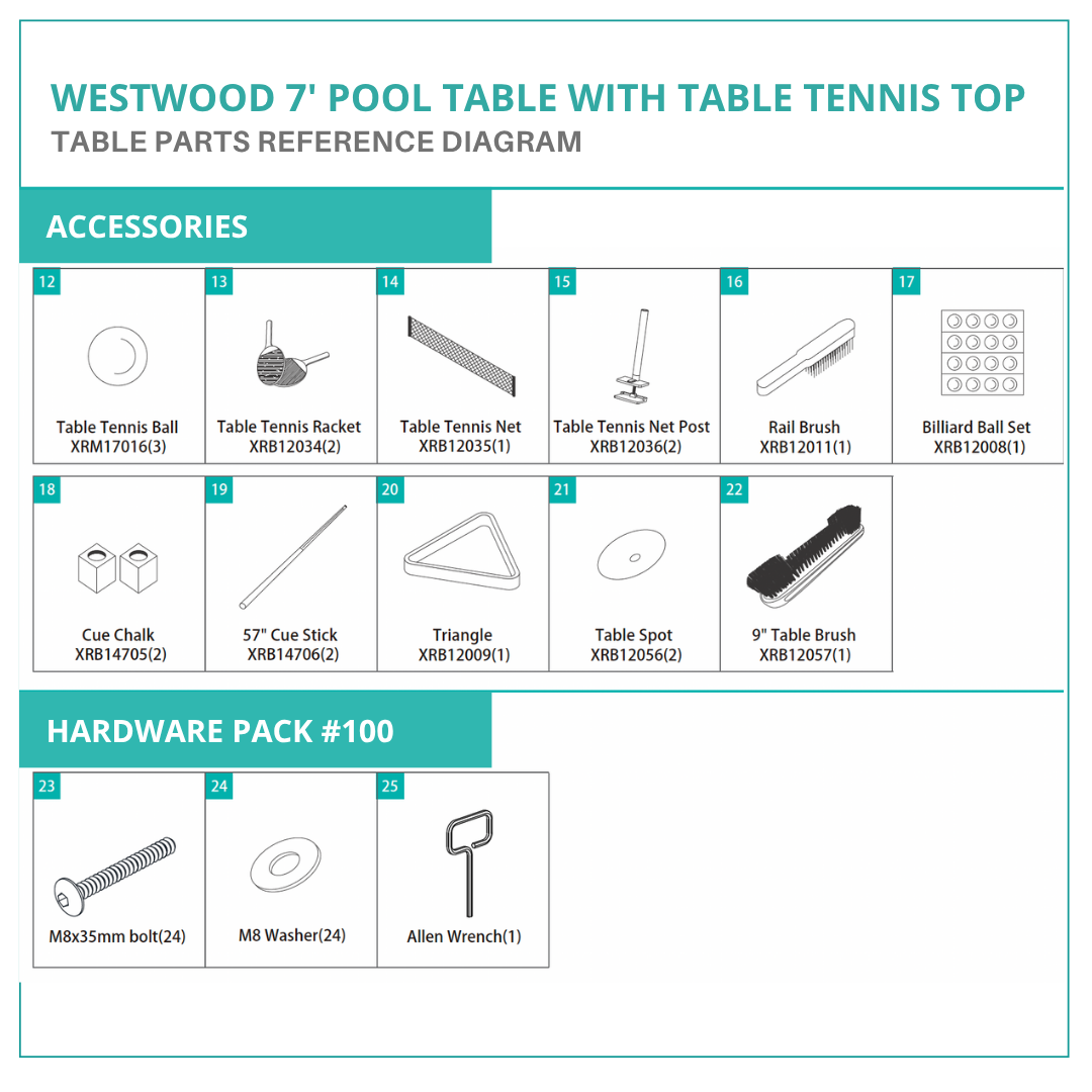 Westwood 7' Pool Table with Table Tennis Top and Benches - Parts