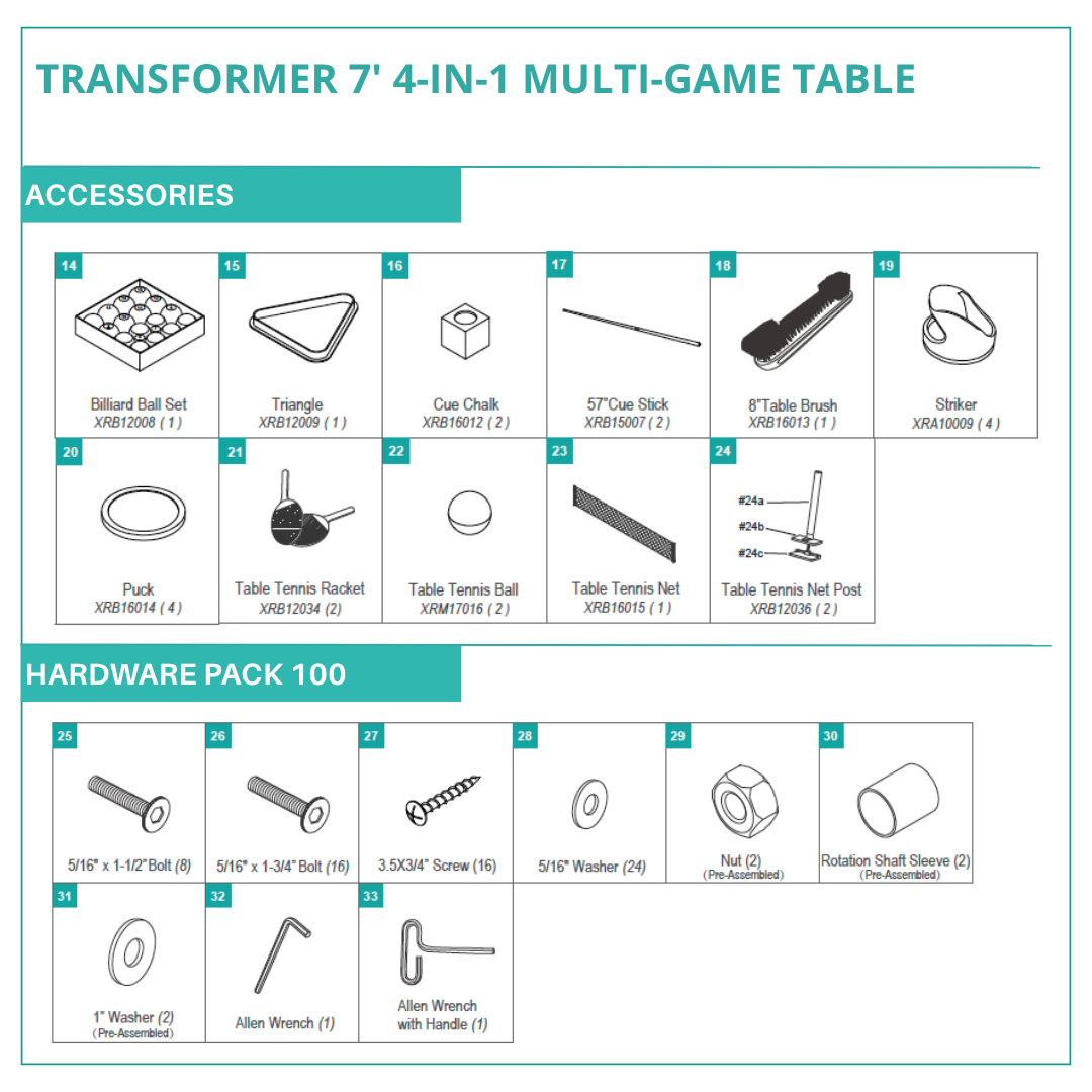 Transformer 7' Pool Table with Table Tennis Top and Benches - Parts