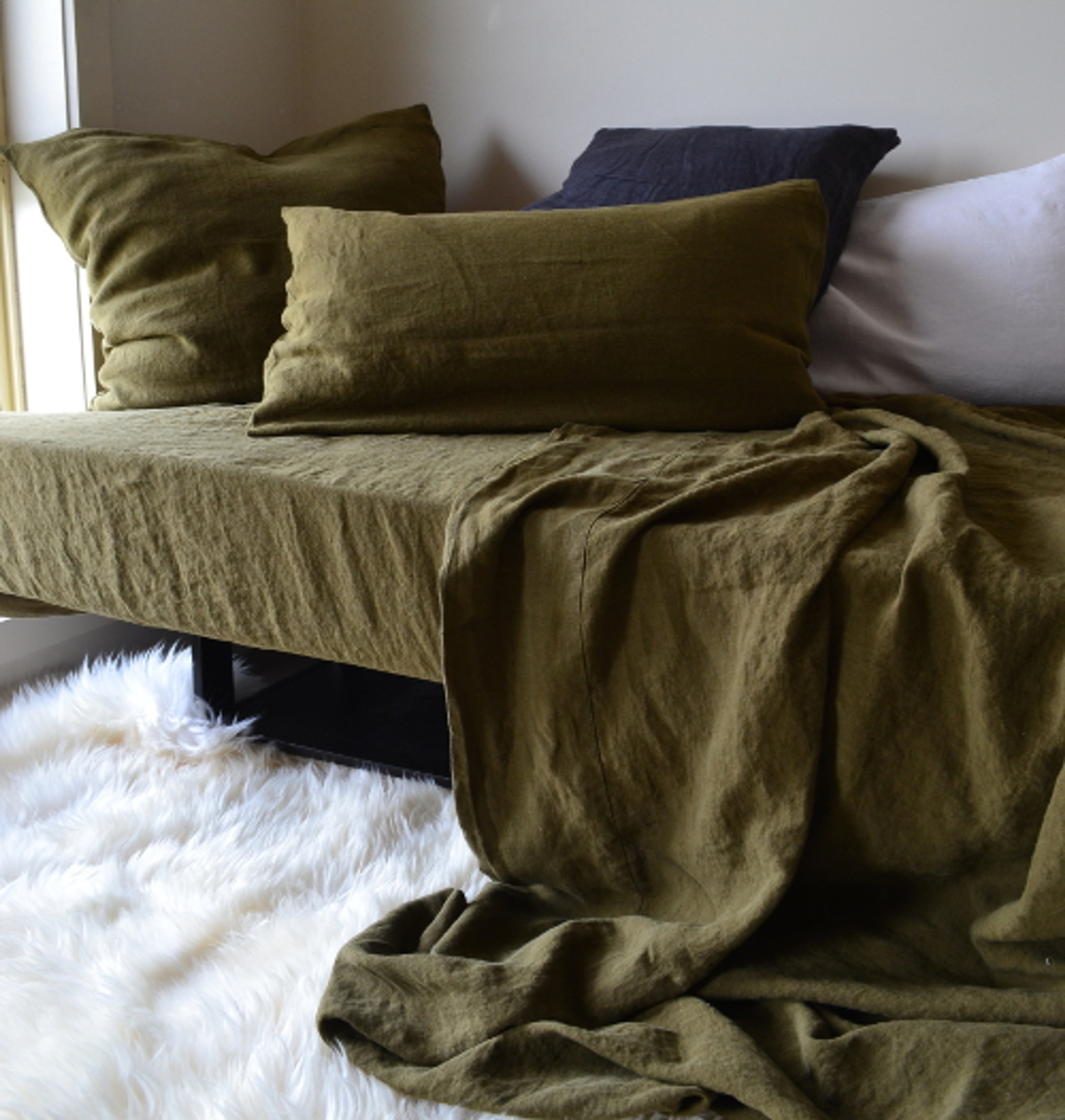 Olive Green Stonewashed Linen Fitted Sheet olive-green-stonewashed-linen-fitted-sheet