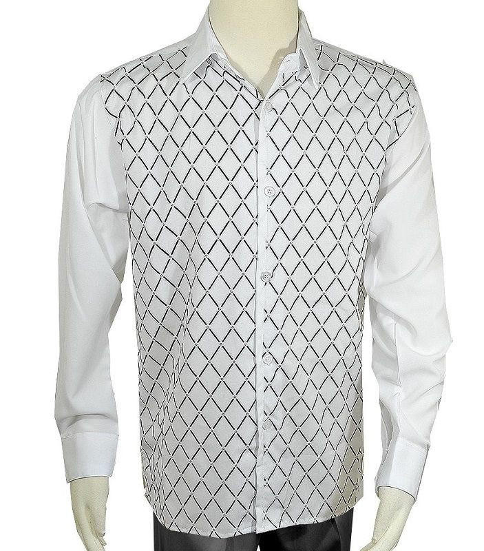 Pronti Mens White Diamond Velvet Printed Button Down Shirt S6447