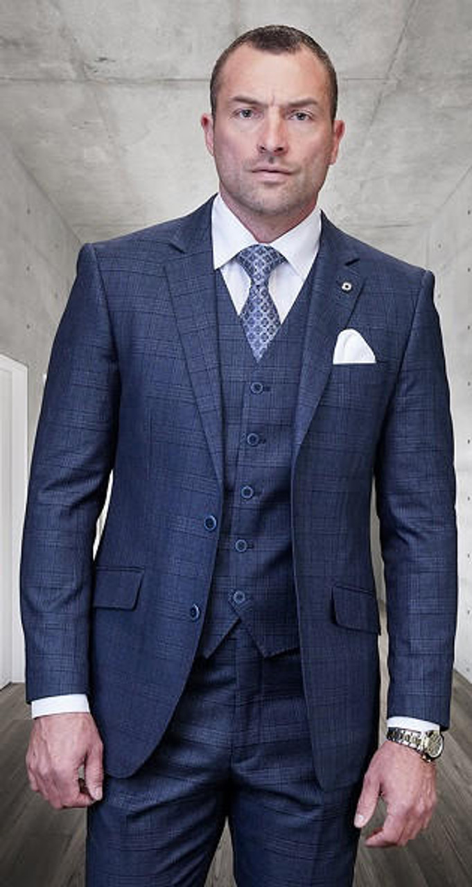 Statement Men s 2 Button Wool Suit Mens 3 Piece Indigo Plaid Pagnoli