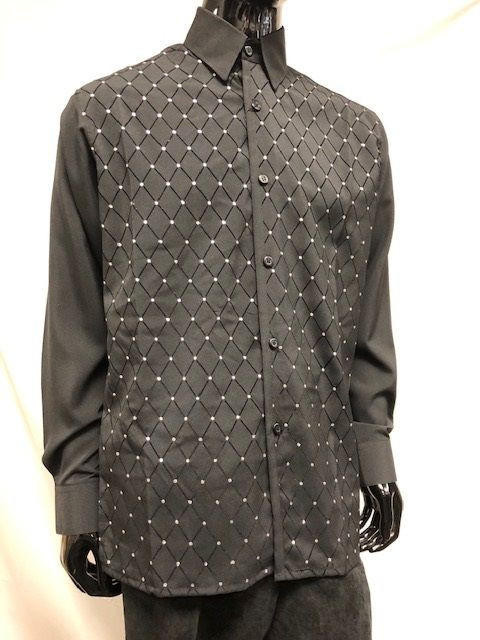 Pronti Mens Black Diamond Velvet Printed Button Down Shirt S6447