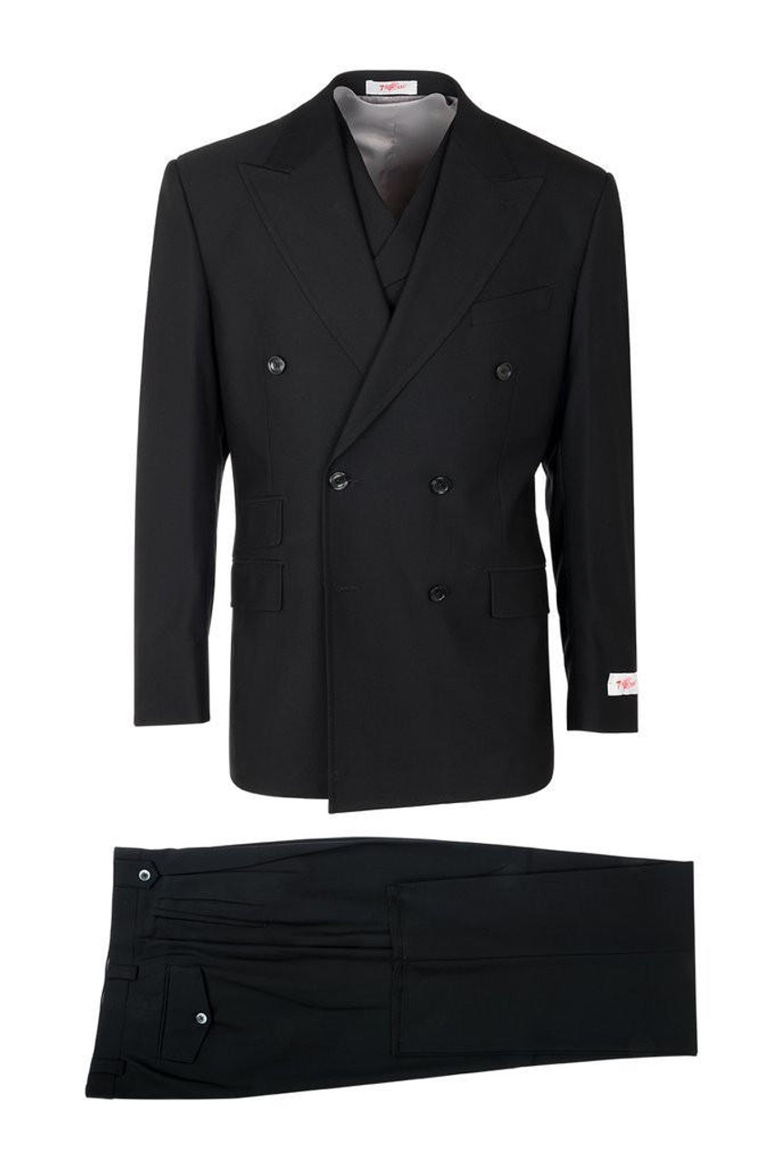 Tiglio Rosso Double Breasted Suit Mens Black Wool Wide Leg Est 1001