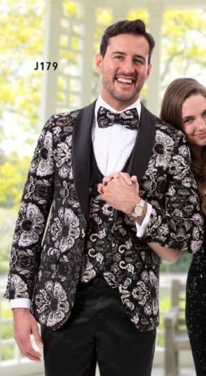 Black Fancy Floral Pattern Tuxedo Jacket Blazer Prom EJ Samuel J179