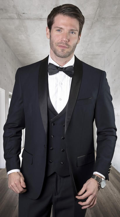 Men's Fashion Navy Modern Fit 3 Piece Prom Tux DB Vest Statement MGM