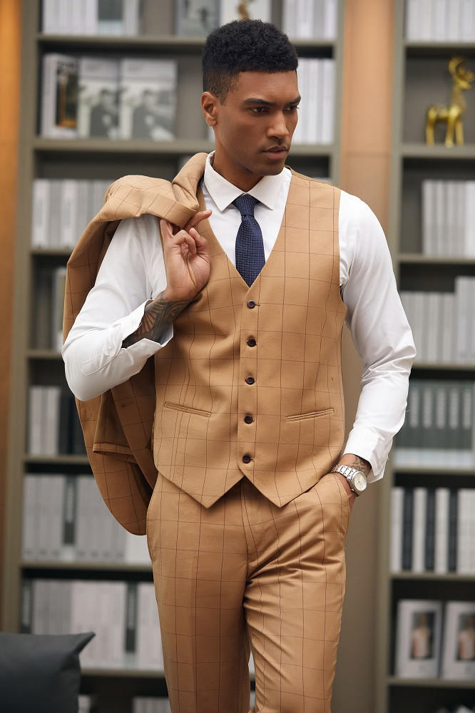 Stacy Adams Mens Windowpane Suit Cognac Summer Modern Fit SM155H1-04